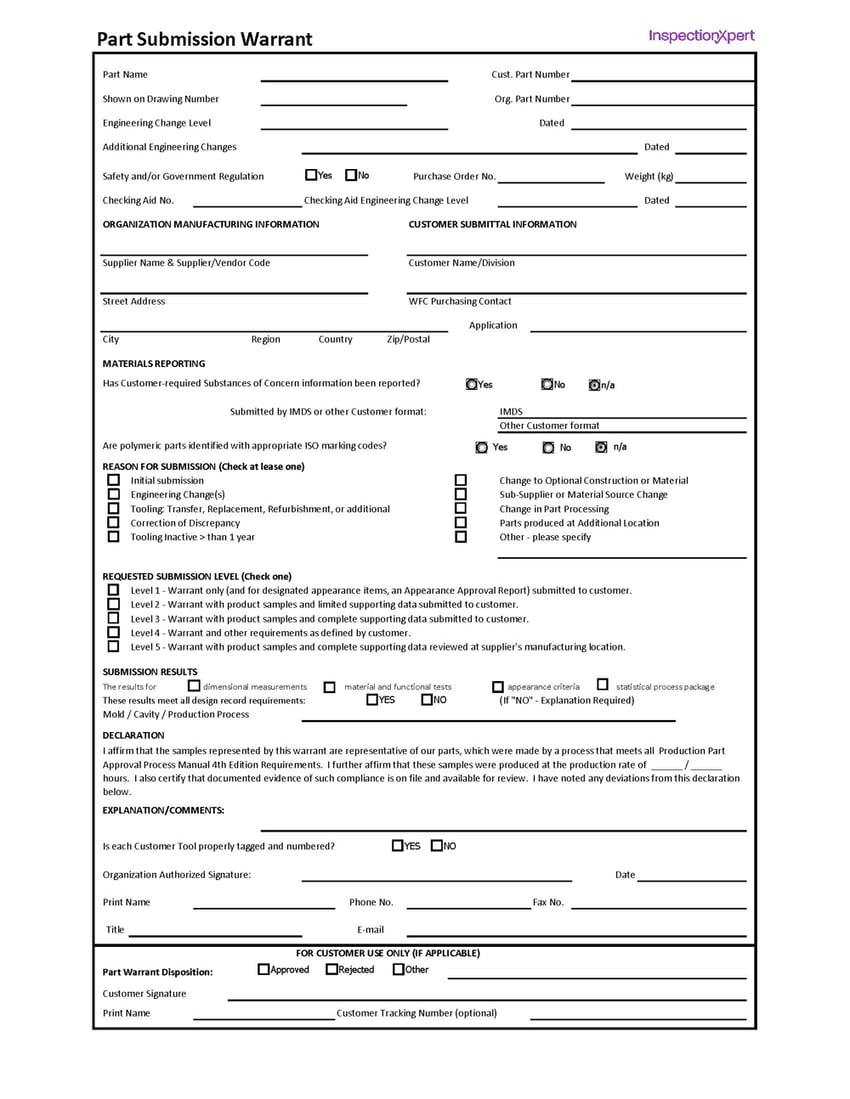 PPAP Part Submission Warrant